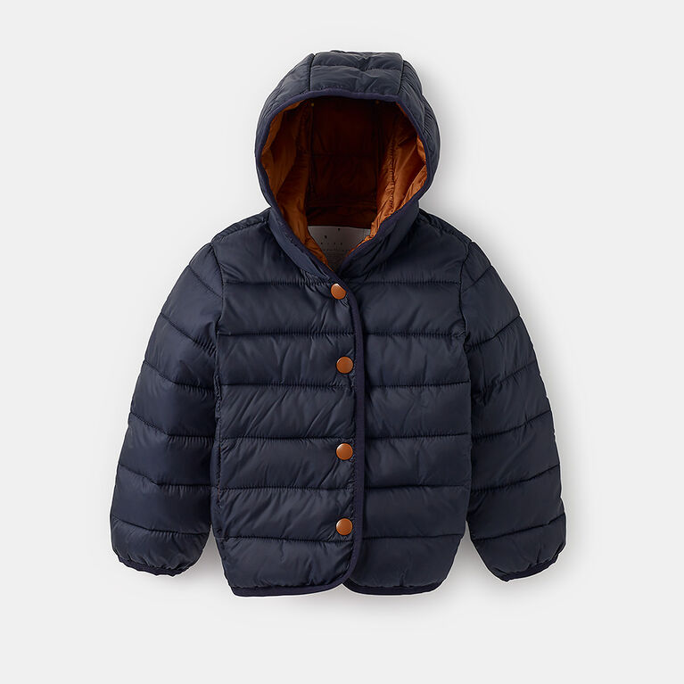 hooded button-up puffer jacket