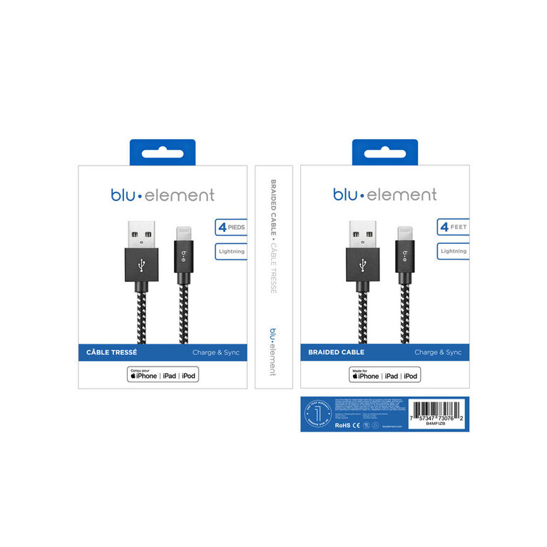 Blu Element Braided Lightning to USB Cable 4ft Zebra | Toys R Us Canada
