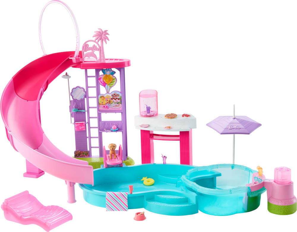 Barbie Dream Pool Playset with Slide & Bubbling Hot Tub, 20 ...