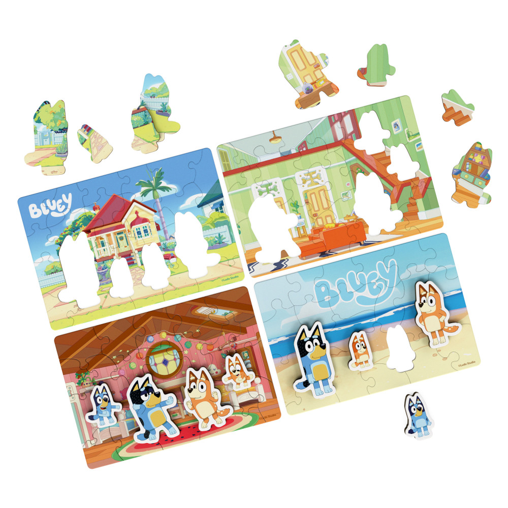 Bluey, 4-Pack of Wooden Puzzles with Bingo, Mum, and Dad Characters, 24 ...
