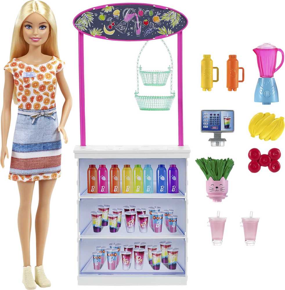 Barbie Smoothie Bar Playset, Blonde Barbie Doll, Smoothie Bar and 10 ...