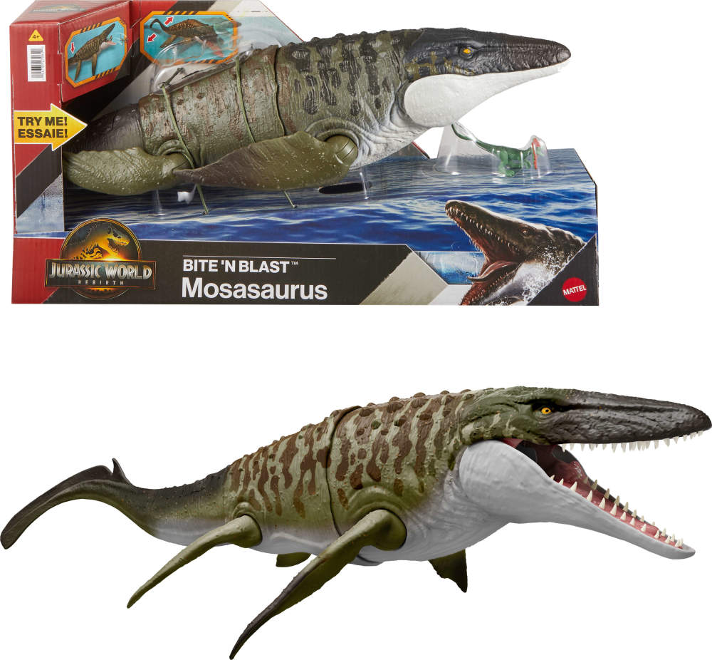 Jurassic World Rebirth Bite N Blast Mosasaurus Action Figure and Mini ...