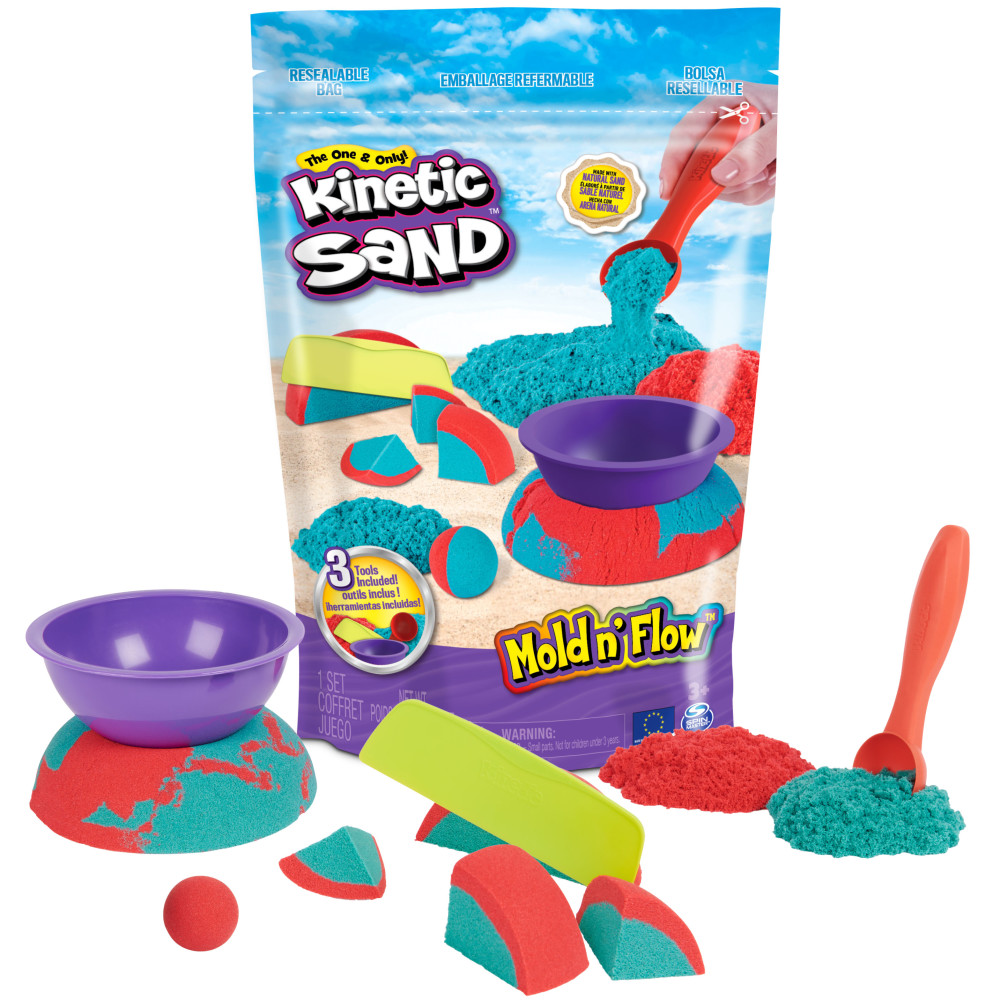 Kinetic Sand Mold n' Flow, 1.5lbs Red and Teal Play Sand, 3 Tools ...